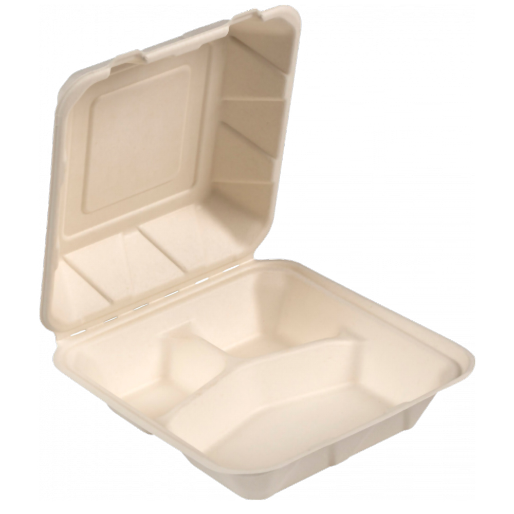 8in 3-compartment clamshell, white molded fiber